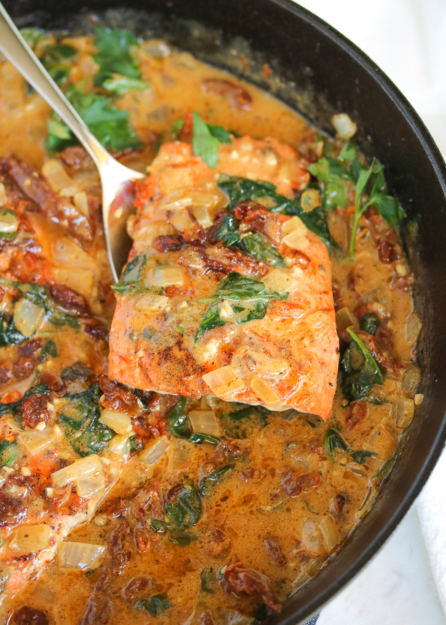Skillet Salmon with Sun Dried Tomato Cream Sauce – Just Jessie B
